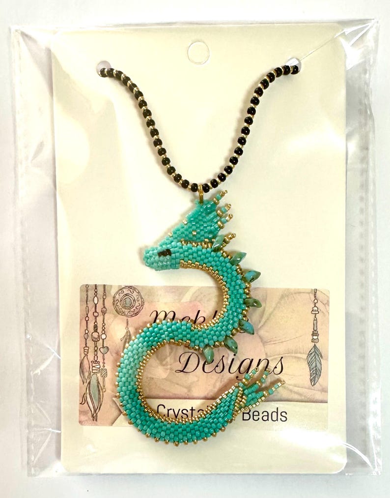 S-shaped Beaded Dragon Pendant Necklace, 3D, Handmade With Aqua Blue ...