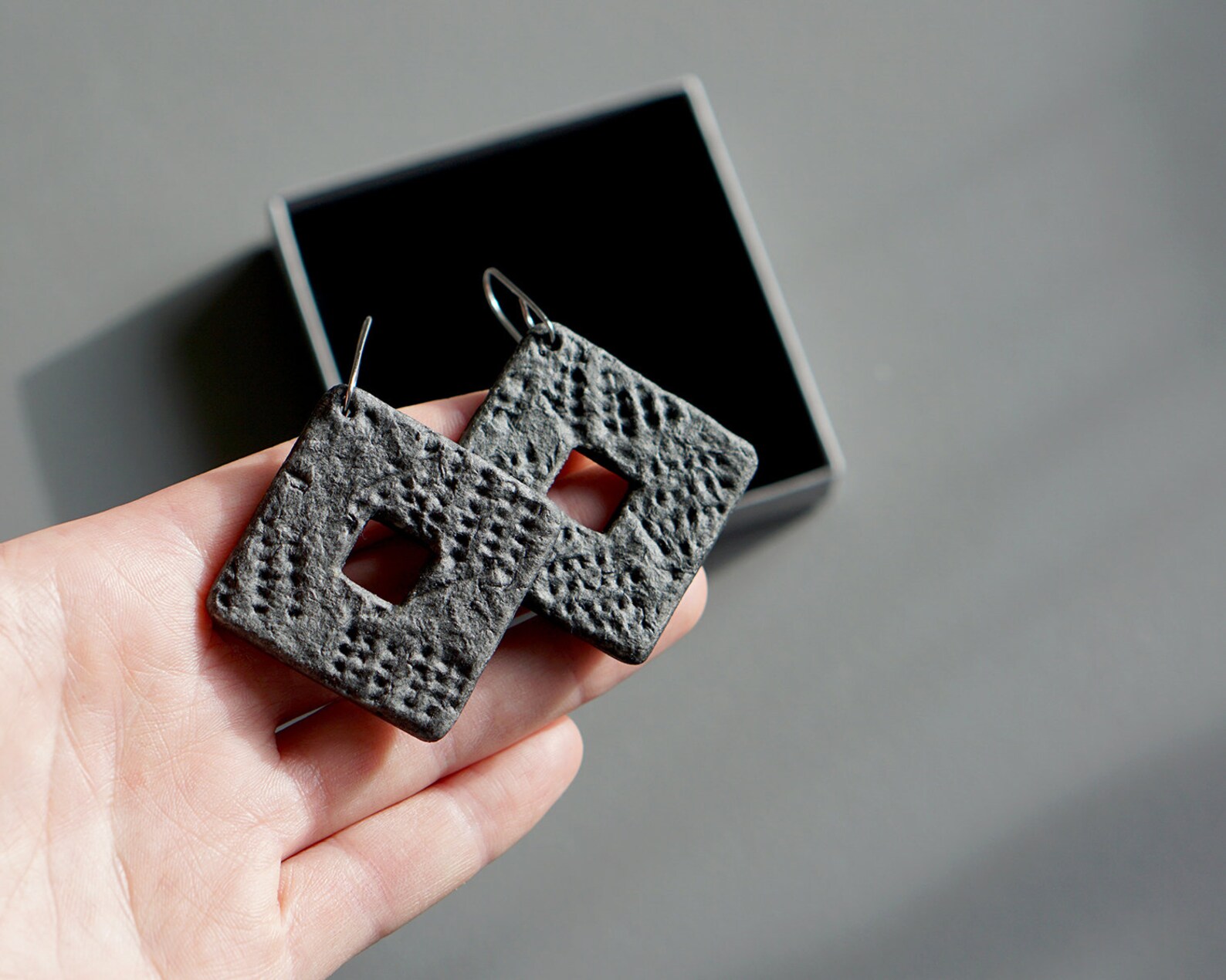 Square Statement Earrings Handmade From Recycled Paper, Big Paper Mache Dangle Earrings, Eco ...