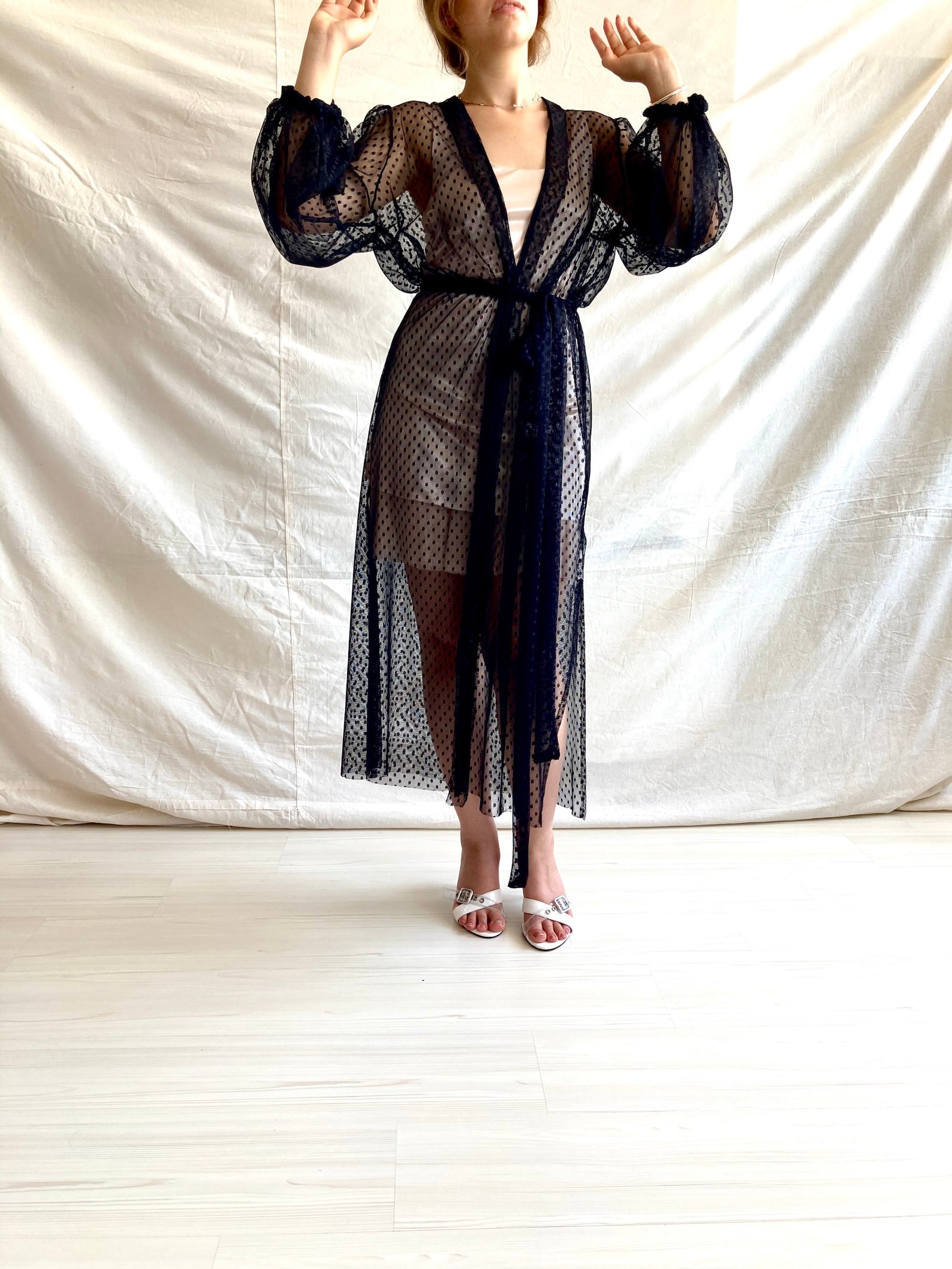 Black Sheer Silk Kimono Robe LOREN / Polka Dot Tulle Kimono/ Black ...