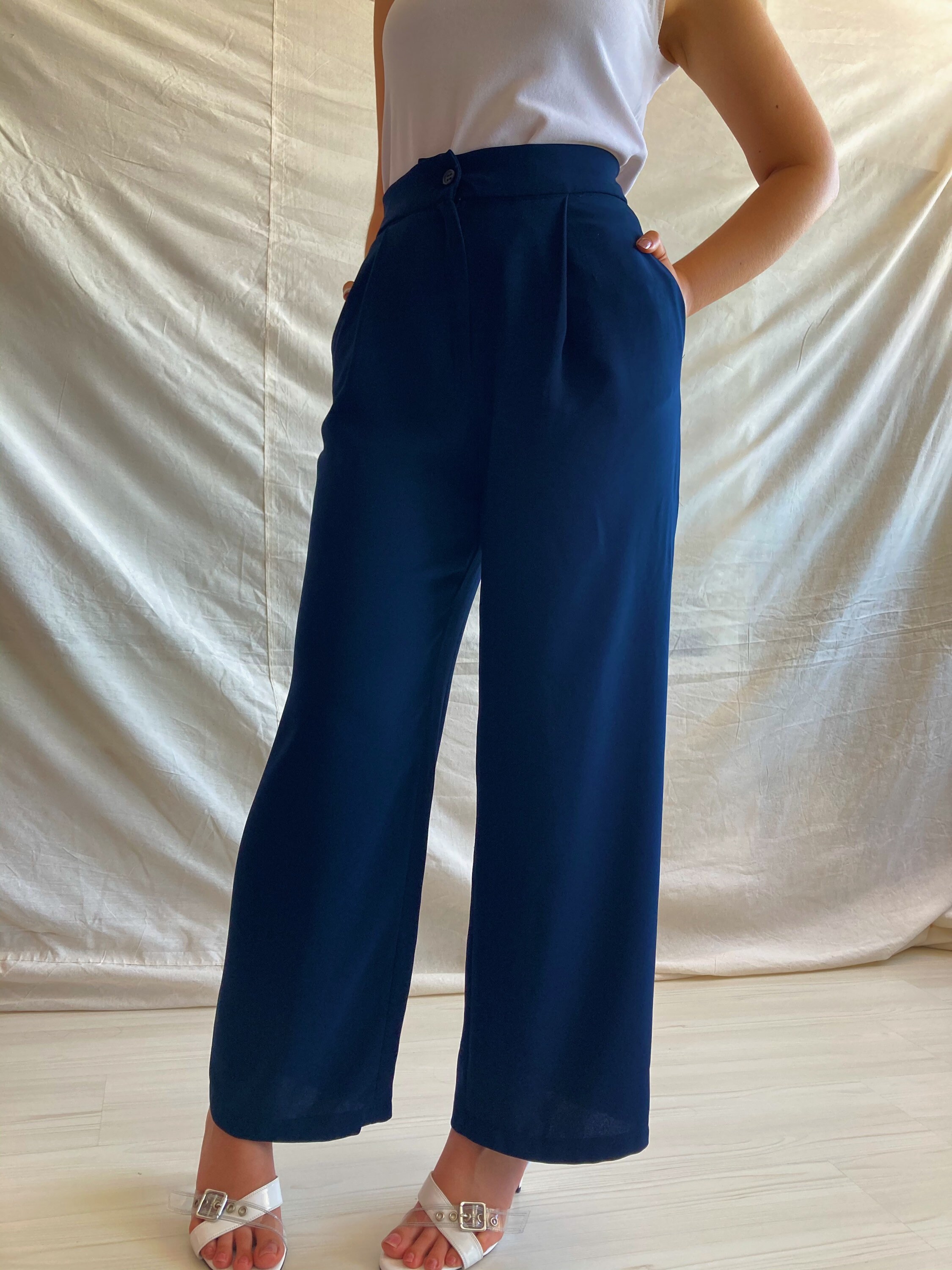 Navy Blue Palazzo Pants SHIV/ Wide Leg Trousers/ High Waisted Pants ...