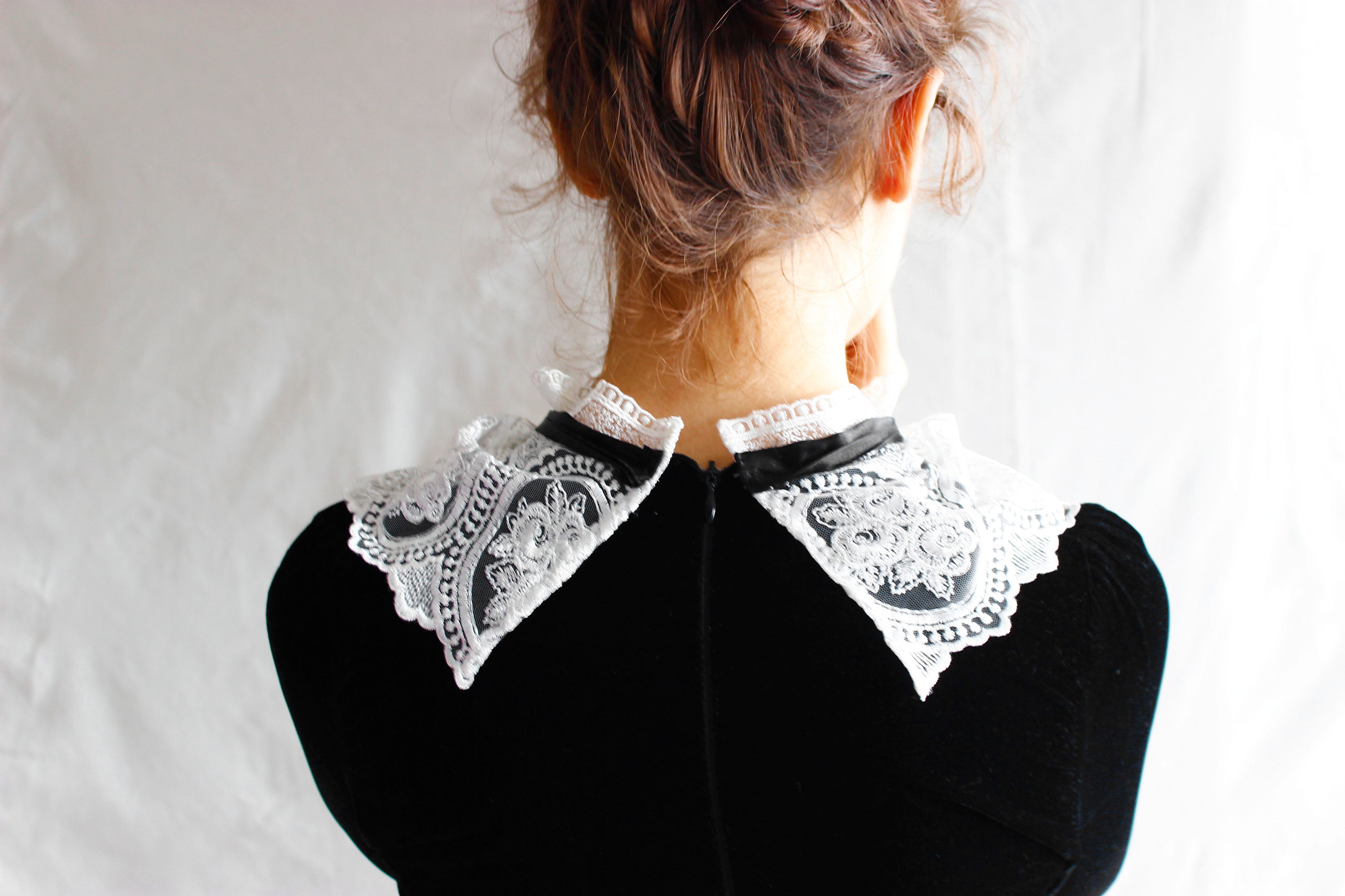 Lace Collared Black Velvet Mini Dress W Knitted Flower Details/ 70s ...