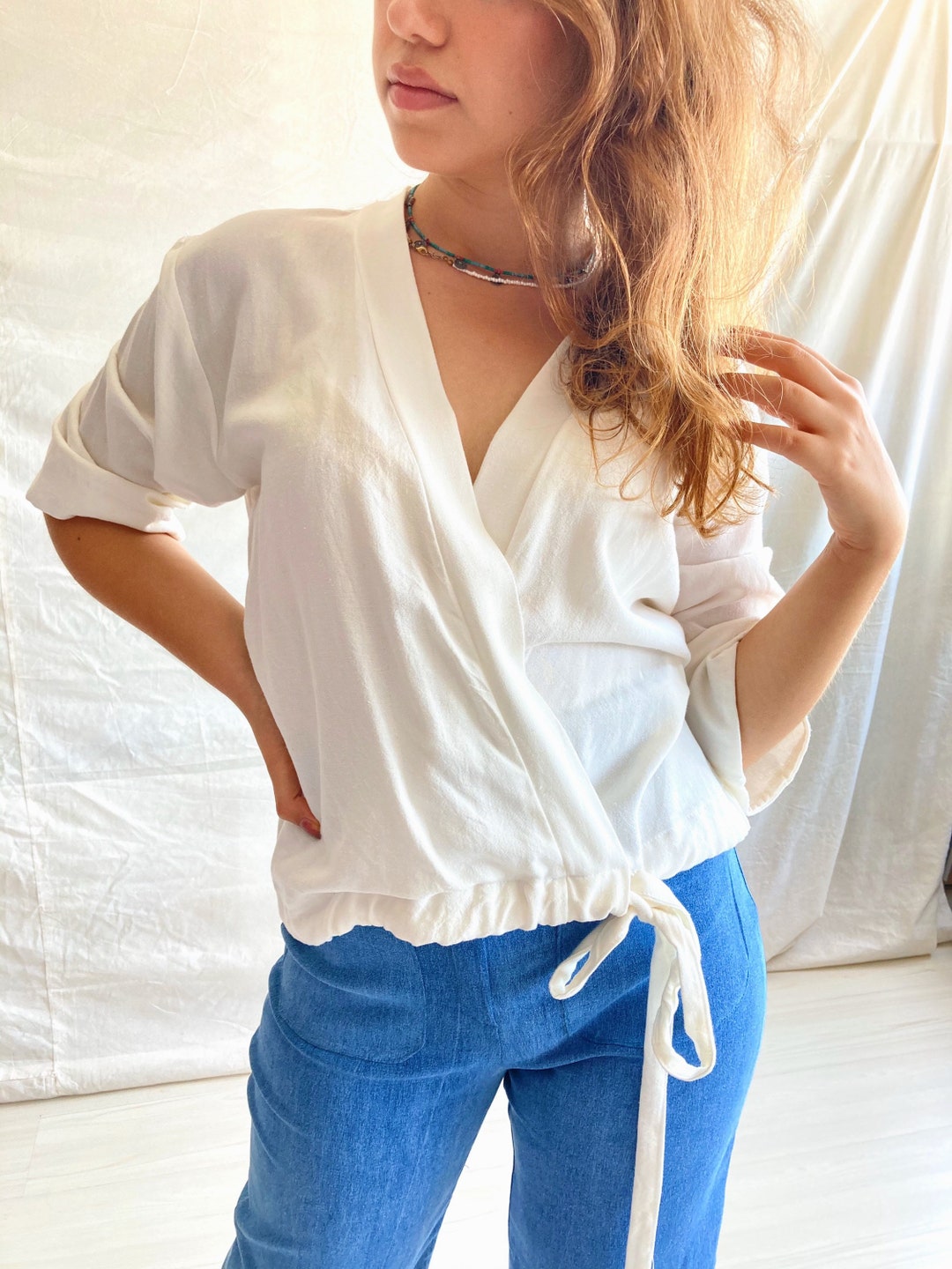 White Linen Blouse YASMINE, Wrap Linen Top, Gathered Waist Linen Blouse, Kimono Sleeve Linen ...
