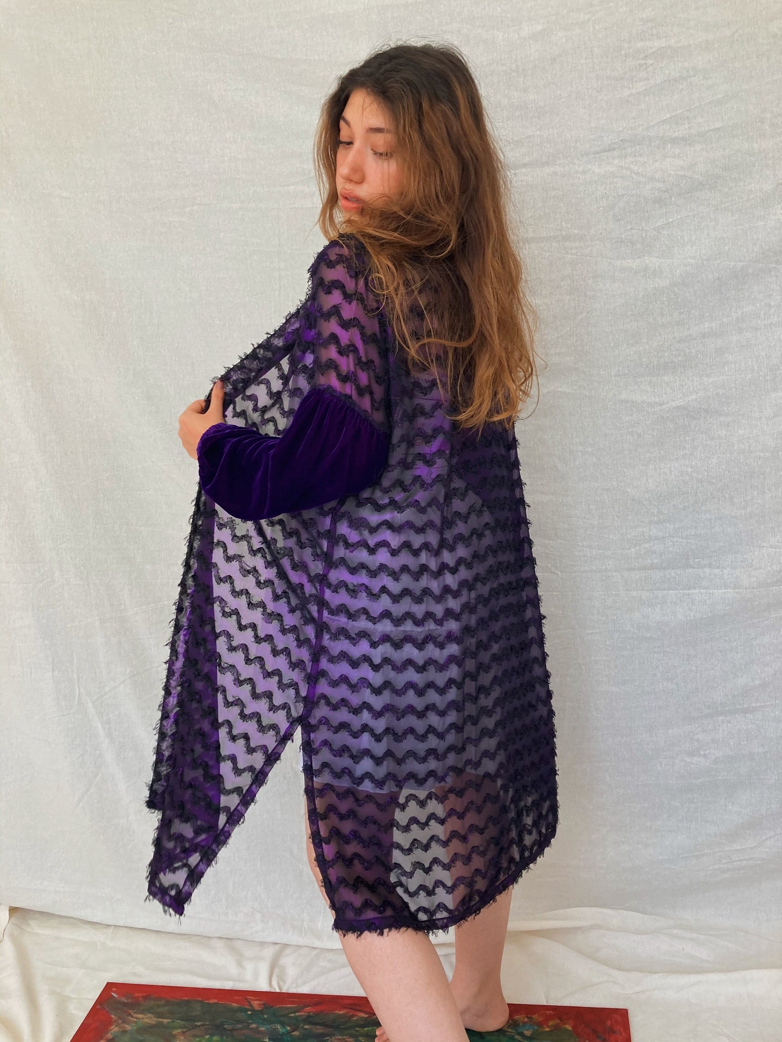 Sheer Silk Kimono Robe With Velvet Sleeves VIOLET /long Bishop Sleeve ...