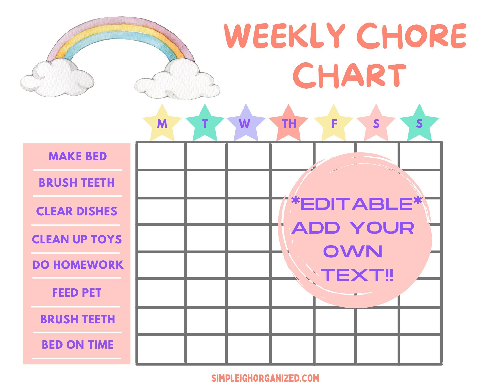 Editable Chore Chart for Girls, Printable Chore Chart for Kids, Daily ...