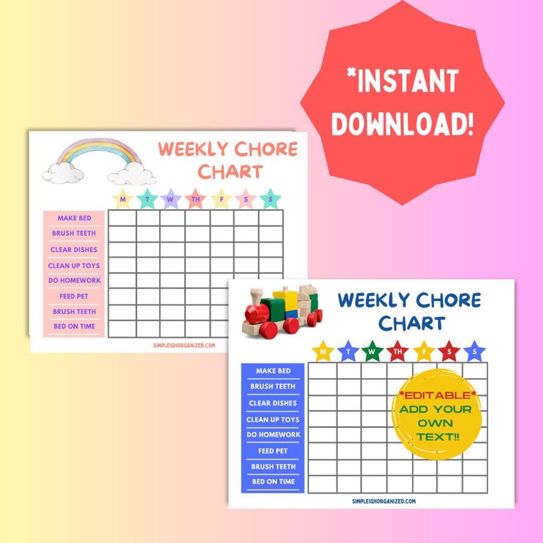 Editable Chore Chart Printable Bundle, Girl, Boy, Daily Kids Planner ...