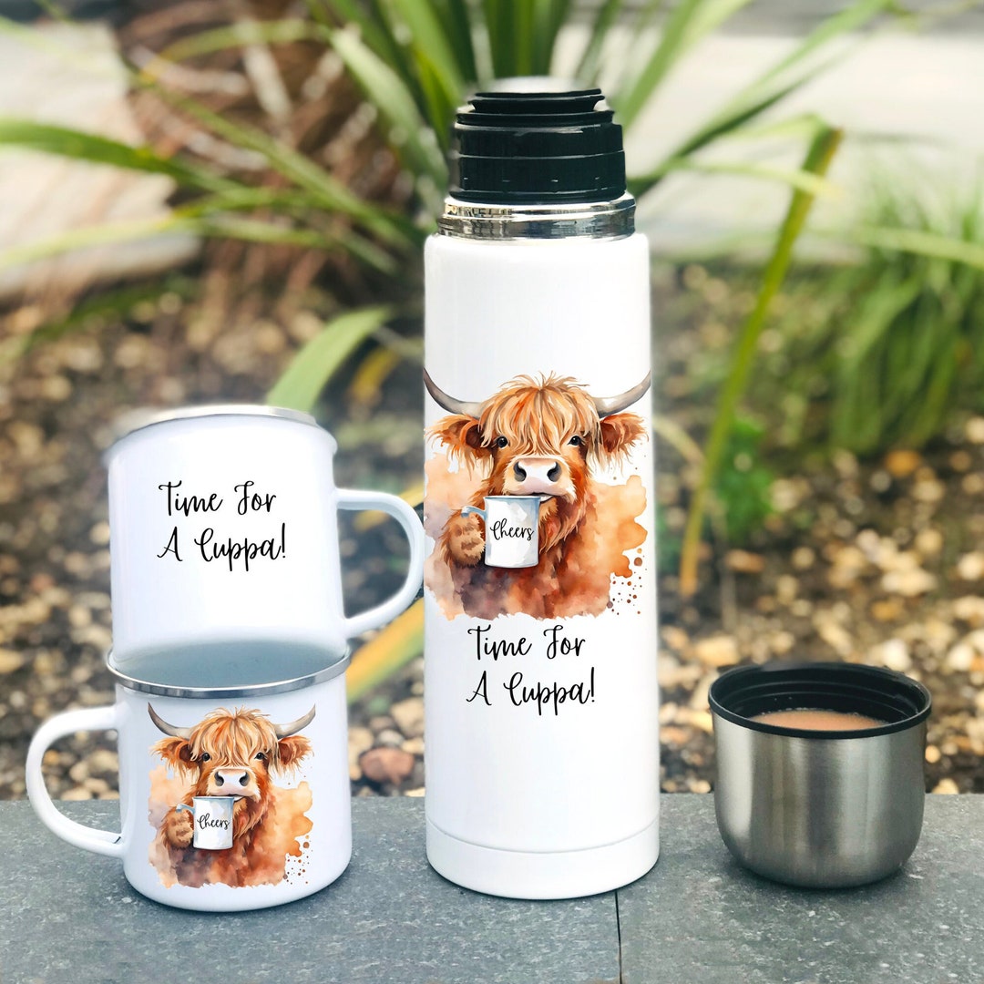 Highland Cow Camping Mug and Flask Set, Cute Scottish Highland Cow ...