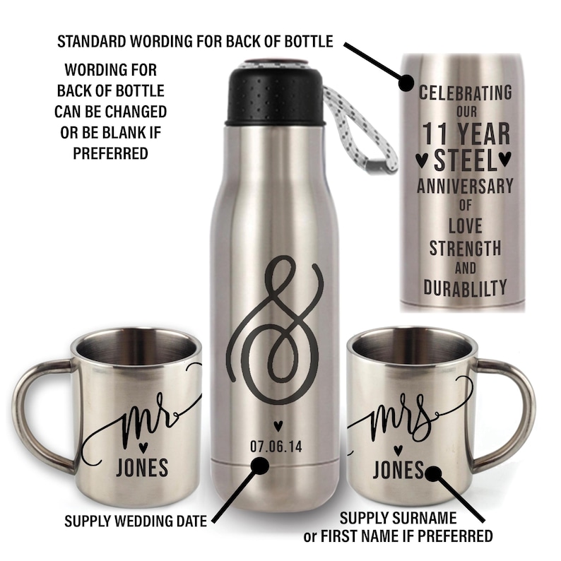 11 Year Steel Wedding Anniversary Flask and Cup Set, Steel Personalised ...