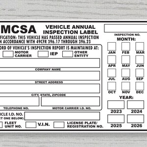 FMCSA Annual Vehicle Inspection Label Sticker 6 Wide X 4 High Polyester ...