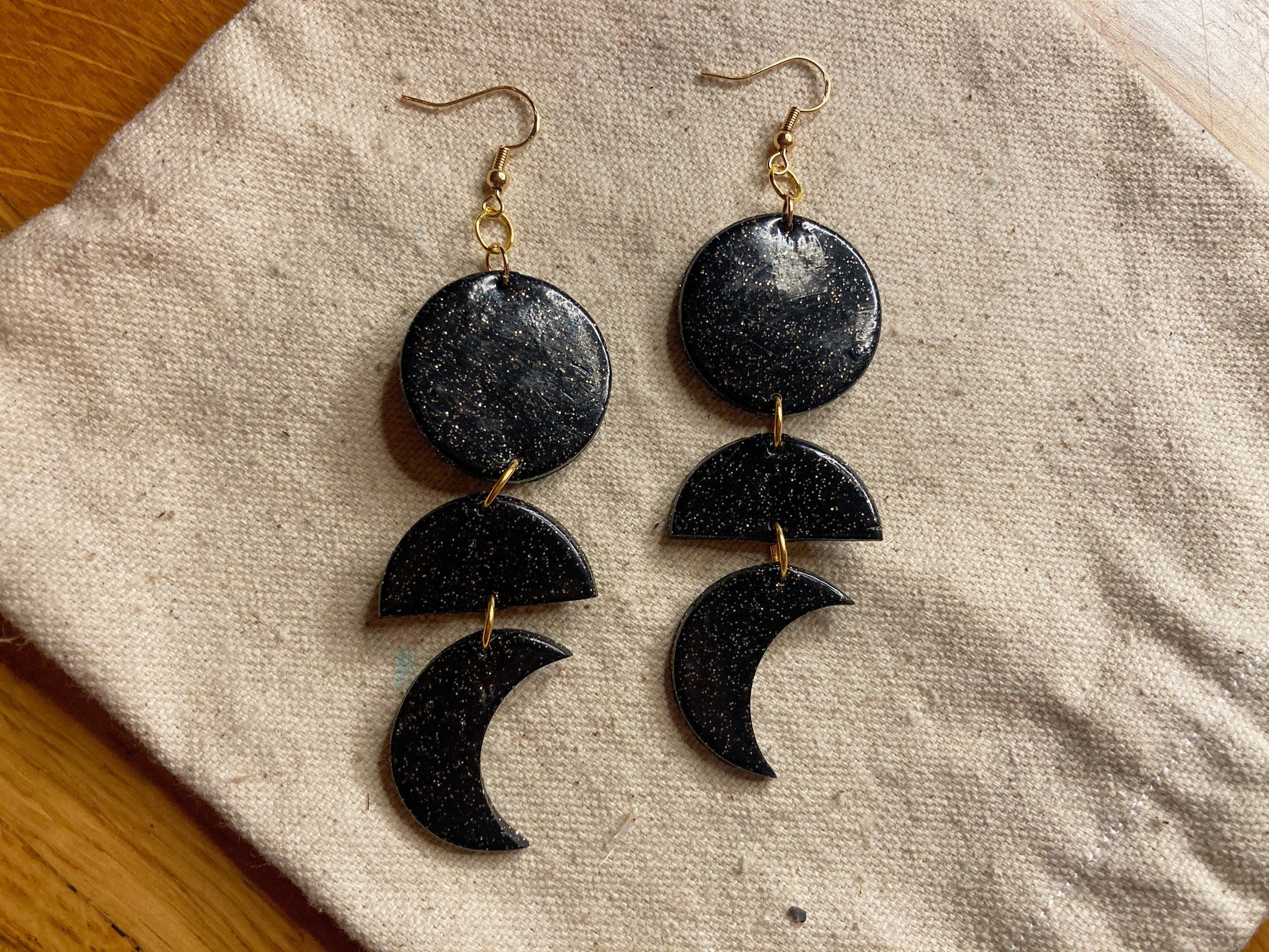 Black Glitter Lunar Moon Phase Dangles / moon earrings / | Etsy