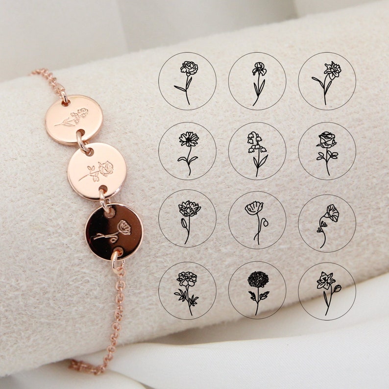 Personalized Birth Flower Disc Braceletcustom Month Floral - Etsy