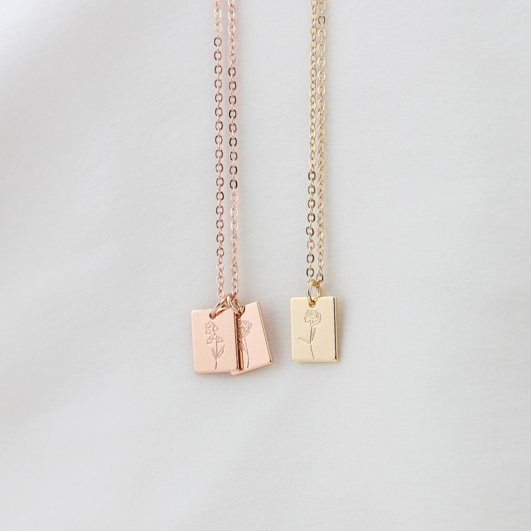 Birth Flower Rectangle Disc Necklace,personalized Month Floral Charm ...