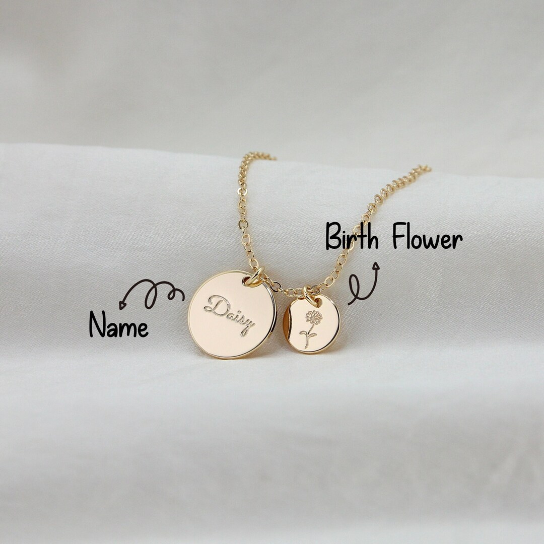 Personalized Disc Name Necklace With Birth Flower, Custom Engraving ...