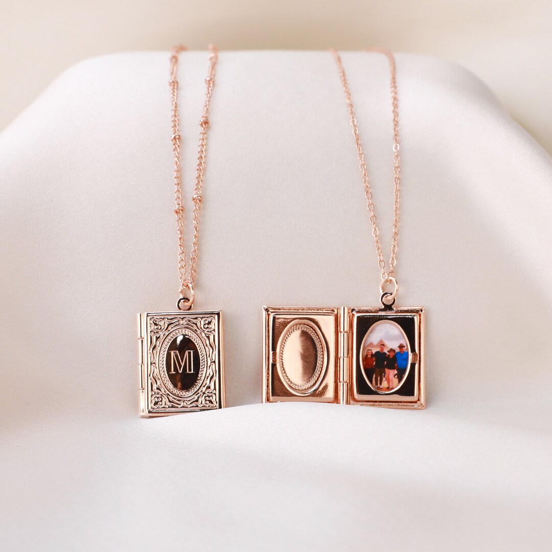 Custom Initial Locket Necklace, Book Locket Pendant With Photo ...