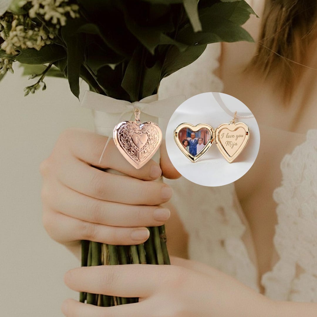 Bridal Bouquet Heart Initial Locket Charm • Custom Engraved Locket ...