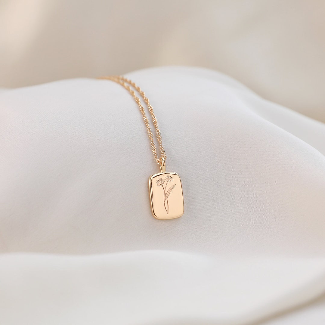 Rectangle Medallion Necklace, Custom Birth Flower Pendant Necklace ...