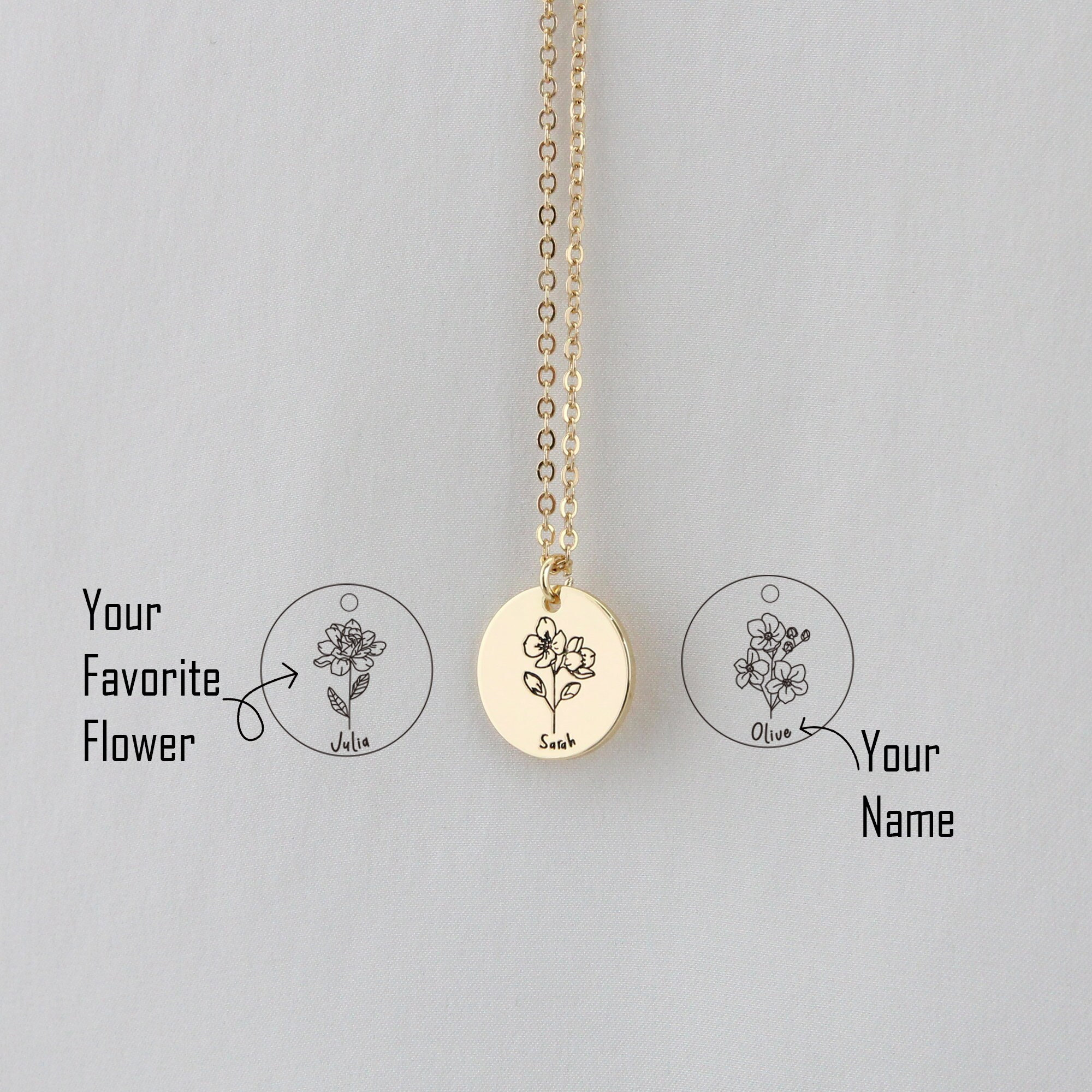 Custom Birth Flower Necklace With Name, Personalized Engraved Floral ...