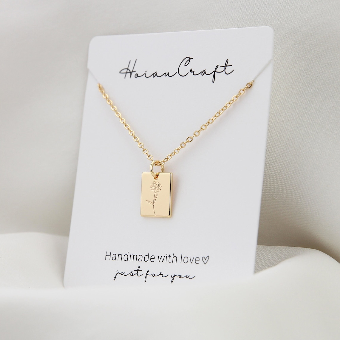 Birth Flower Rectangle Disc Necklacepersonalized Month Floral - Etsy