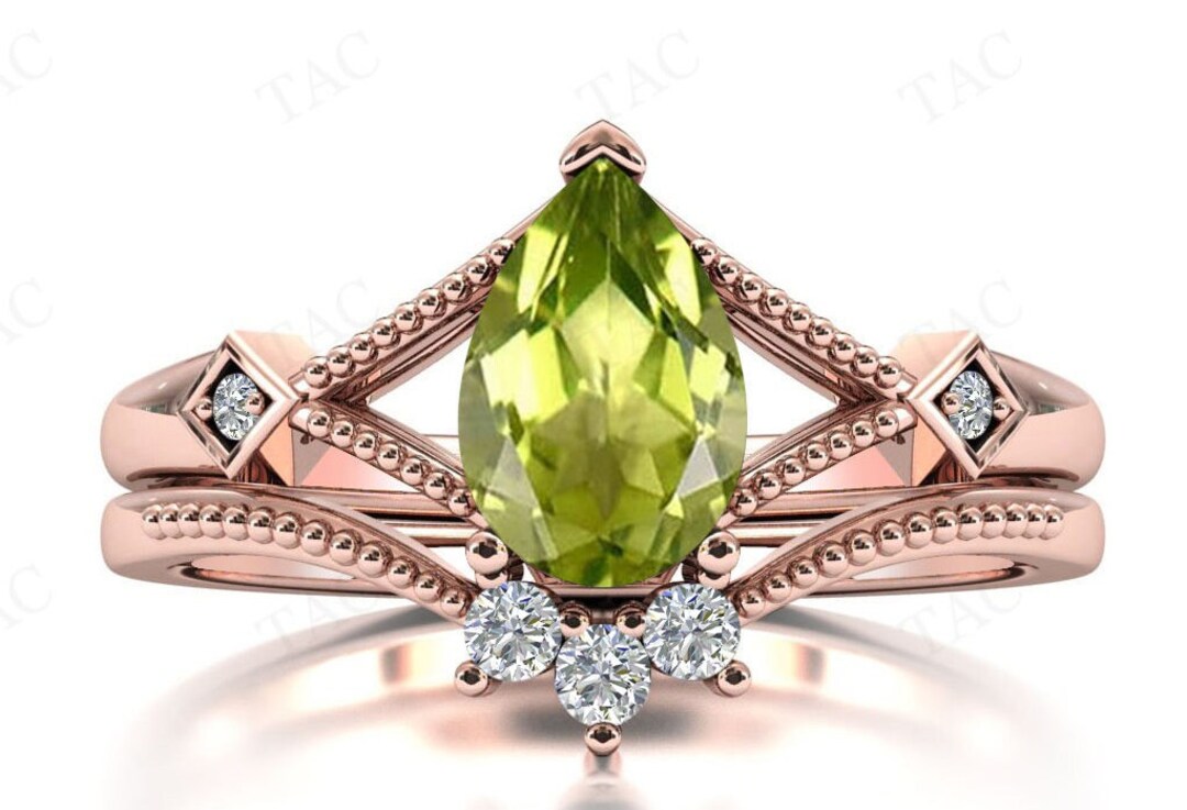 Pear Shape Peridot Engagement Ring Set Art Deco 2 Pcs Wedding Ring Set ...