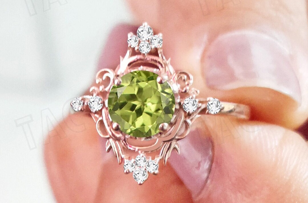 Natural Peridot Engagement Ring Art Deco Vintage Peridot Wedding Ring ...