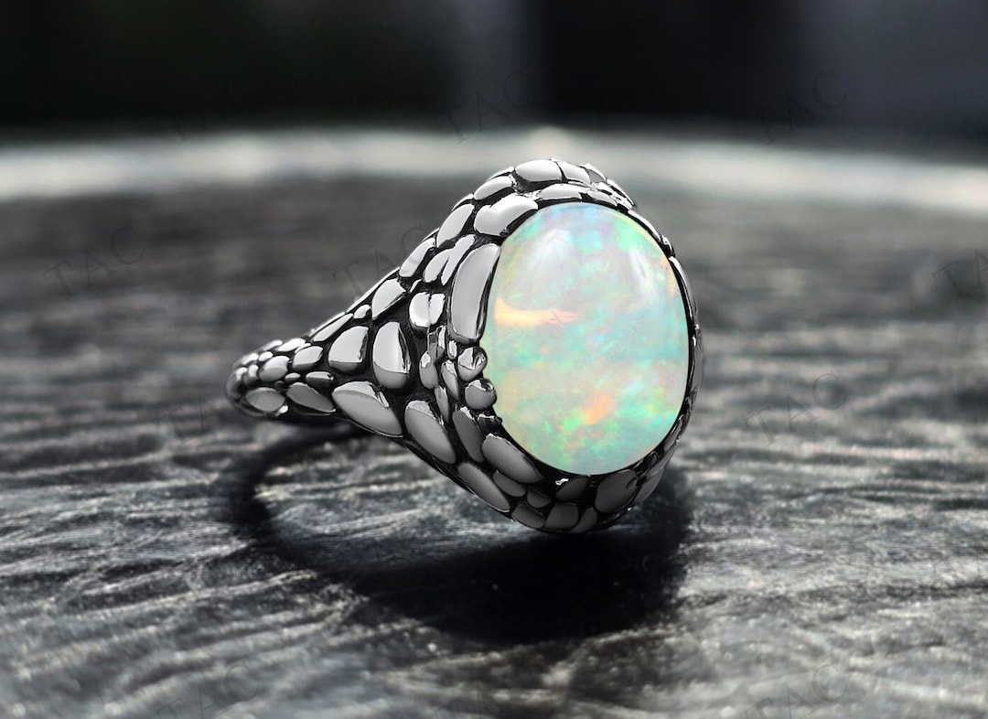 Natural Opal Gemstone Signet Ring for Women Art Deco Texture Style Ring ...