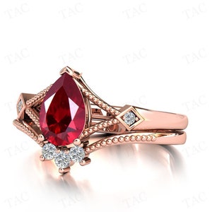 Pear Shaped Ruby Engagement Ring Set Art Deco 2 Pcs Ruby - Etsy