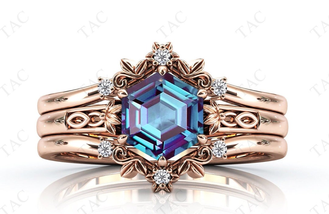 Leaf Design Alexandrite Engagement Ring Set Vintage Art Deco ...