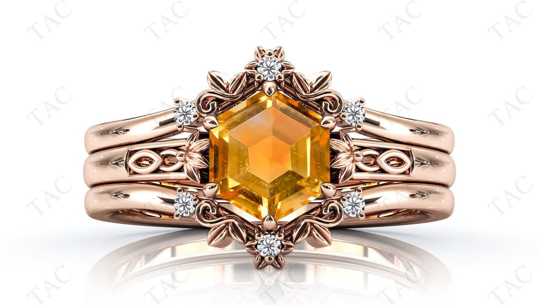 Vintage Leaf Design Yellow Citrine Engagement Ring Set 3 Piece Art Deco ...