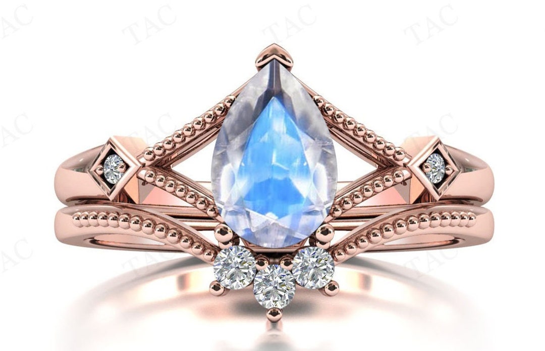 Pear Shaped Moonstone Engagement Ring Set Art Deco Moonstone - Etsy