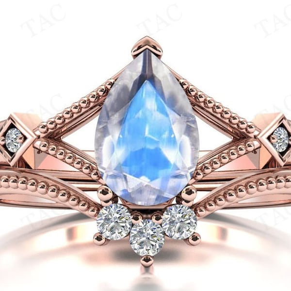 Moonstone Wedding Ring Set - Etsy
