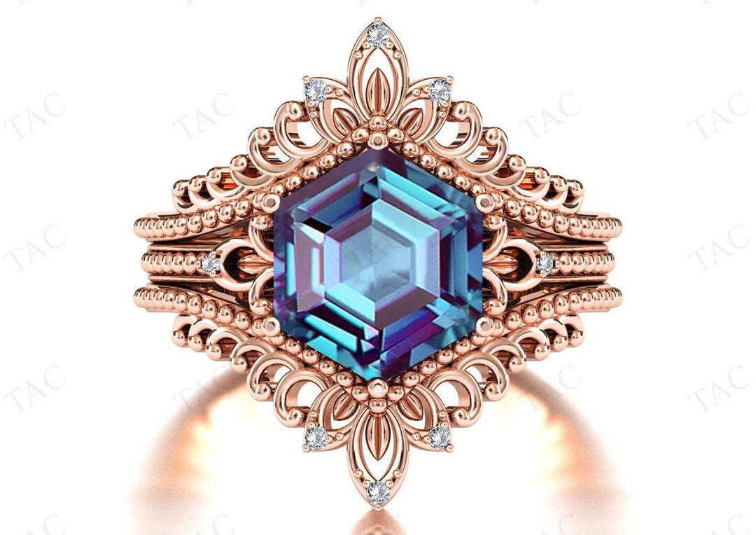 Hexagon Shaped Alexandrite Engagement Ring Set Unique Art Deco Filigree ...