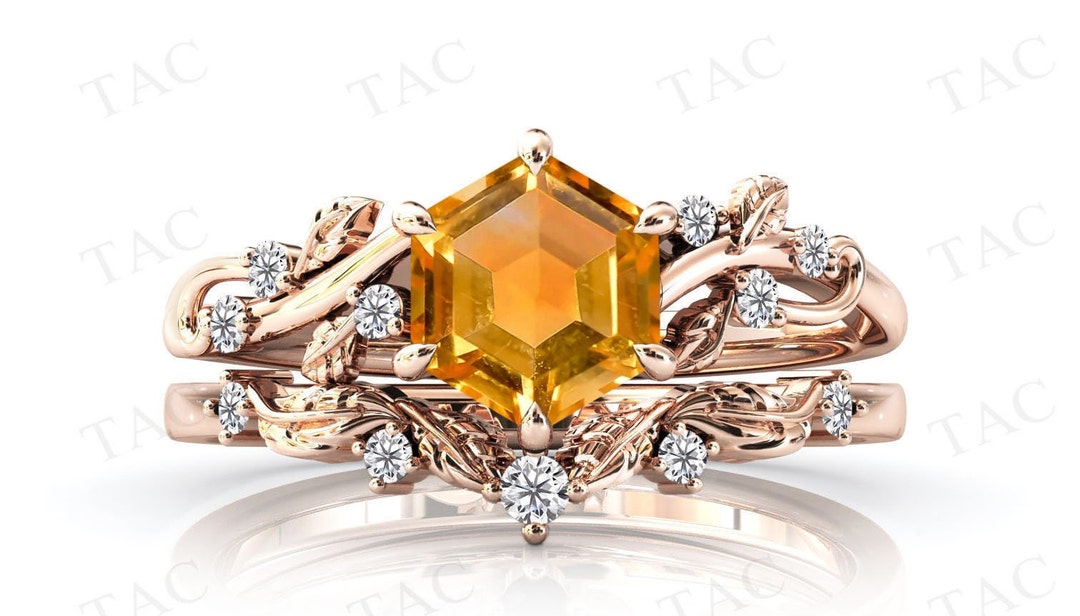 Vintage Citrine Engagement Ring Set 2 Pcs Hexagon Cut Citrine Wedding ...