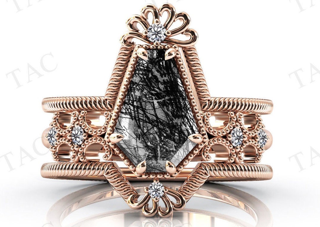 Black Rutilated Quartz Engagement Ring Set Antique 3 Piece Wedding Ring ...