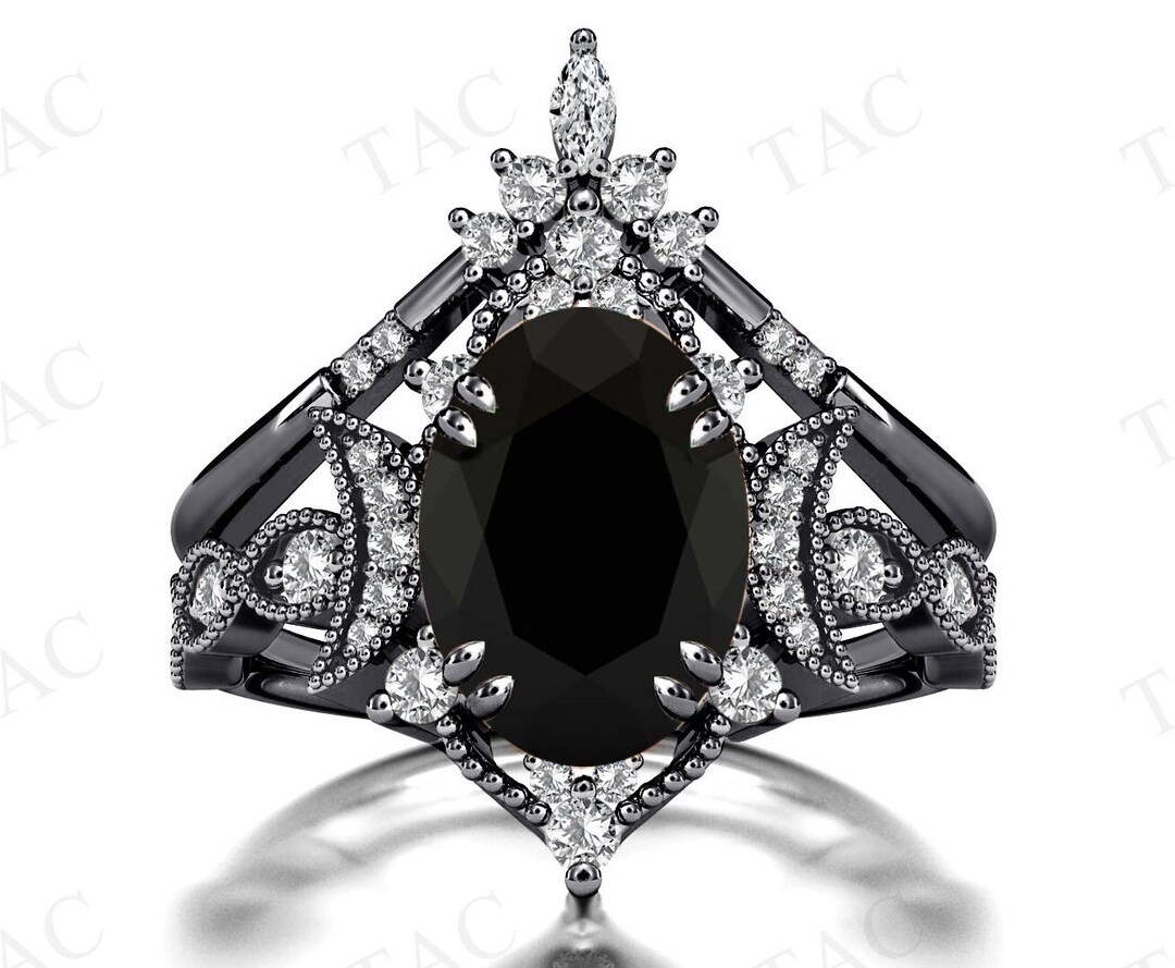 Moon of My Life Black Onyx Engagement Ring Set Black Metal Gemstone ...