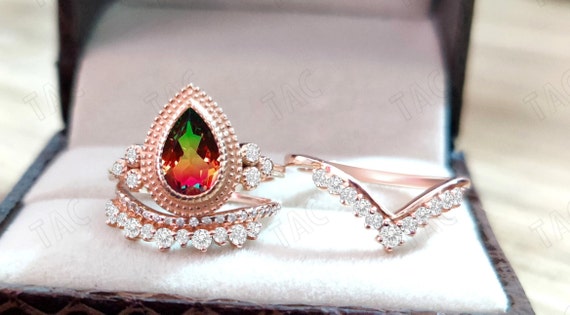 Watermelon Tourmaline Engagement Ring Set 14k Gold Multi Color - Etsy