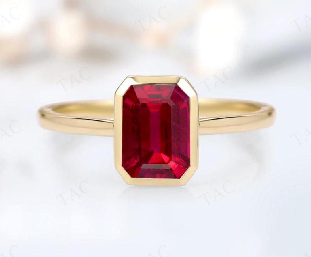 Emerald Cut Ruby Gemstone Wedding Ring for Women Bezel Set Ruby Wedding Anniversary Ring 925 ...