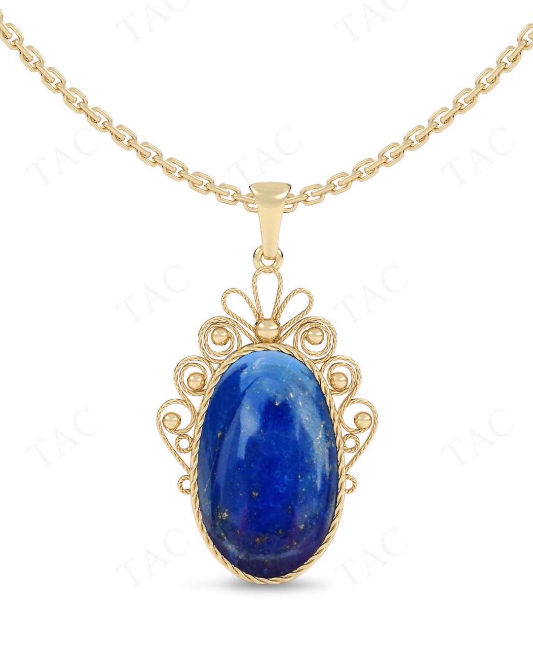 Art Deco Filigree Design Lapis Lazuli Pendant for Women 14K Gold Lapis ...