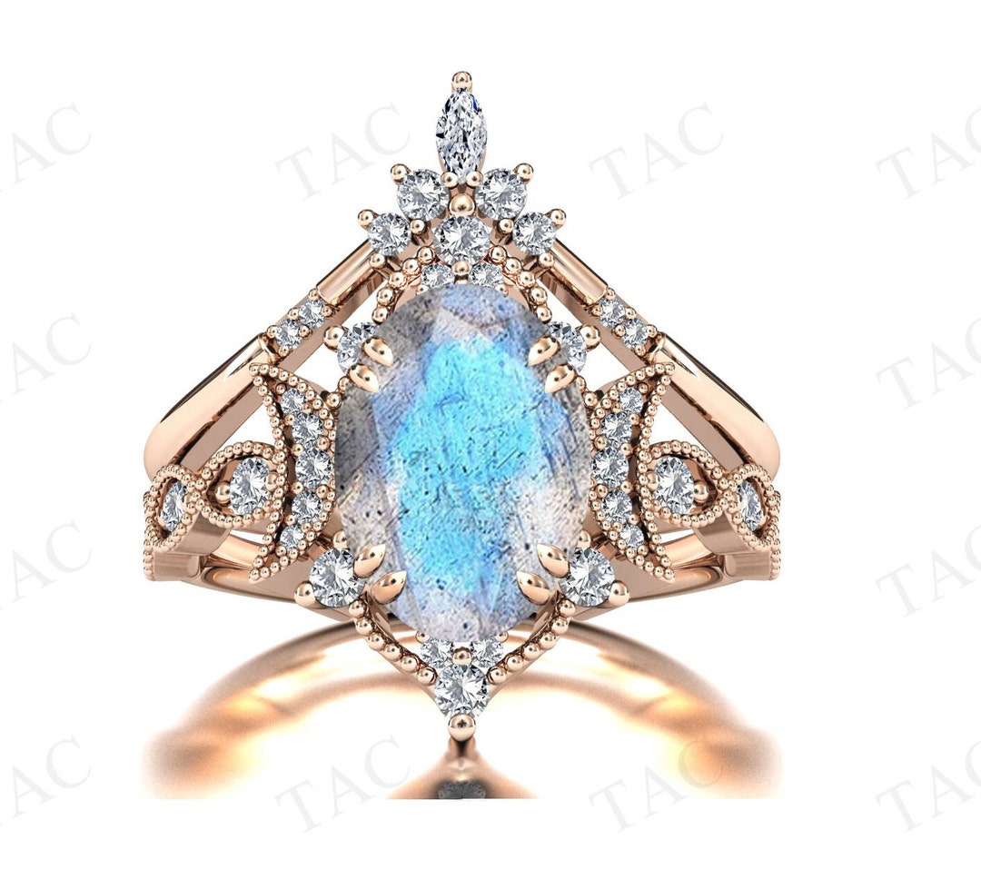 Moon of My Life Oval Shaped Labradorite Wedding Ring Set Art Deco 2 ...