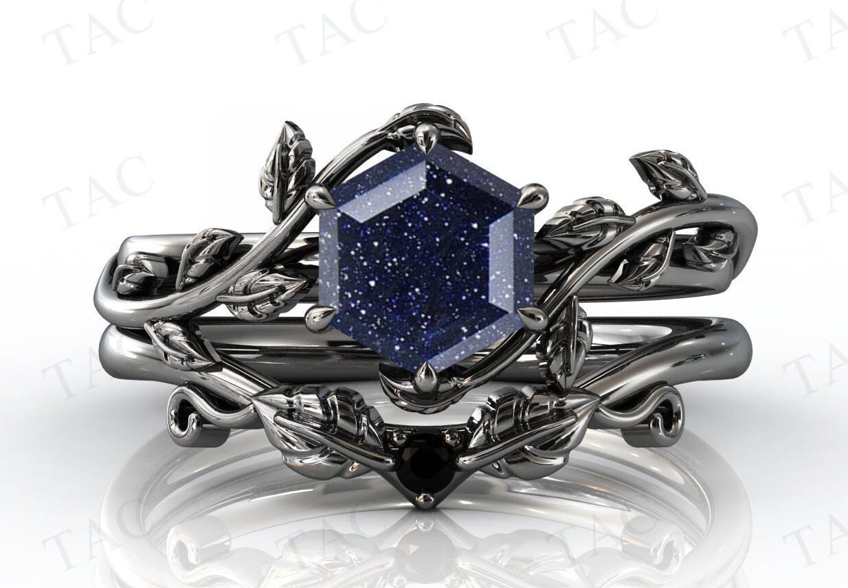 Hexagon Shaped Blue Sandstone Engagement Ring Set Art Deco - Etsy