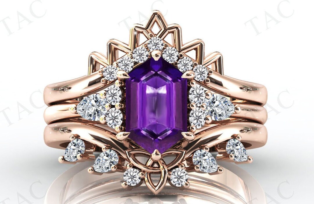 Hexagon Shaped Amethyst Engagement Ring Set 3 Piece Amethyst - Etsy