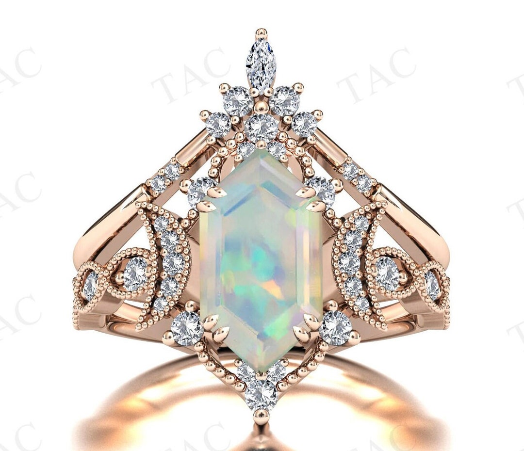 Moon of My Life Natural Opal Wedding Ring Set Hexagon Shape Opal 2 Pcs Engagement Ring Set ...