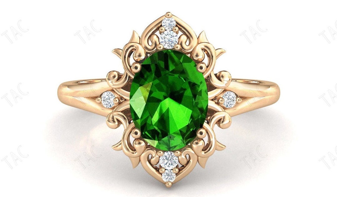Green Tsavorite Garnet Wedding Ring Art Deco Vintage Tsavorite Engagement Ring 14k Gold Oval Cut ...