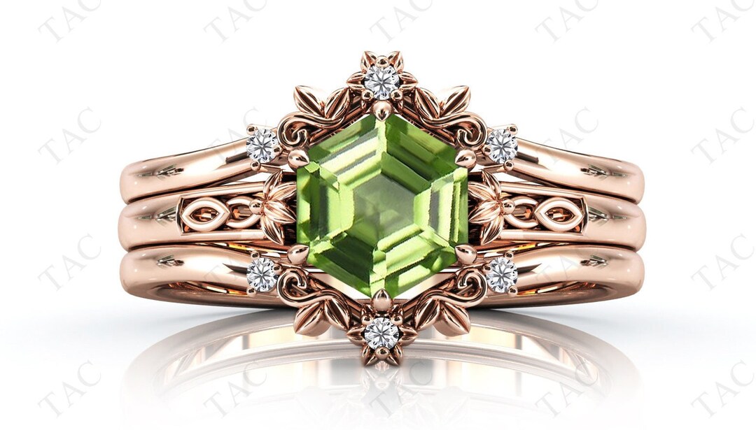 Hexagon Shaped Peridot Engagement Ring 3 Pc Art Deco Green Gemstone ...