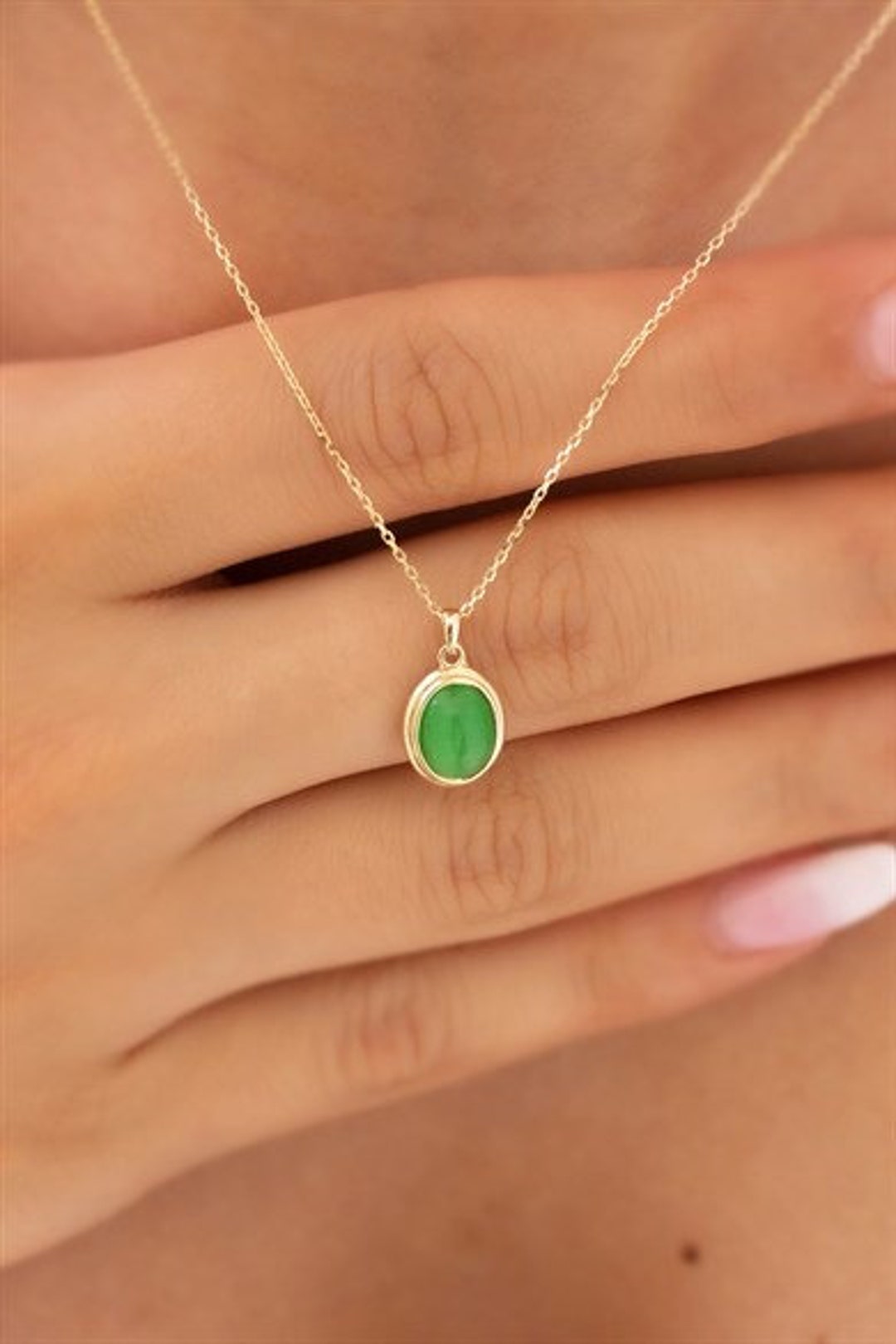 Green Stone Detailed Gold Neacklace - 14K Gold - Dainty Gold Necklace ...