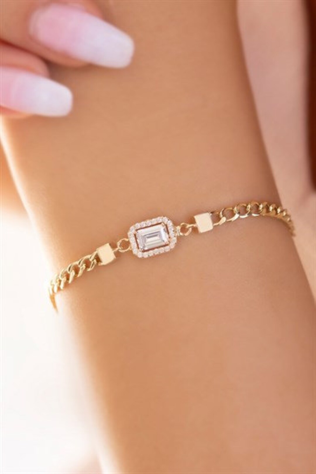 Baguette Stone Gold Bracelet 14K Gold Gold Chain Minimalist Bracelet ...