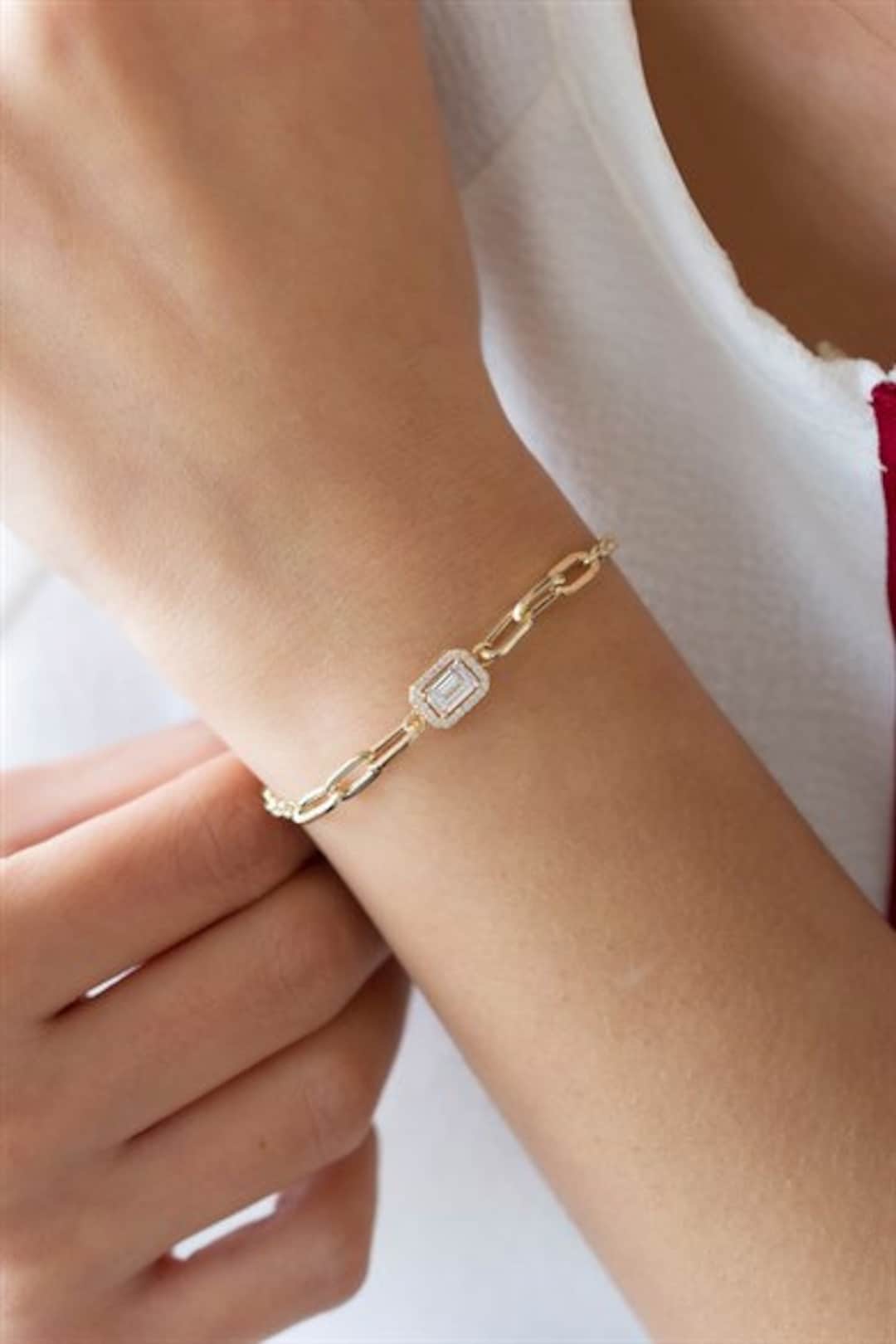 Baguette Stone Gold Bracelet - 14K Gold - Gold Chain - Minimalist ...