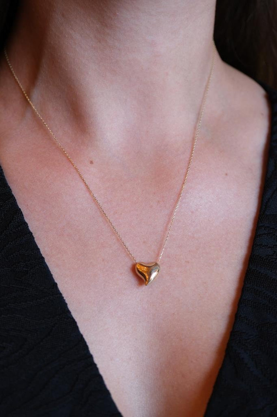 14K Gold Heart Necklace, Real Gold, Mini 3D Heart Pendant, Love ...