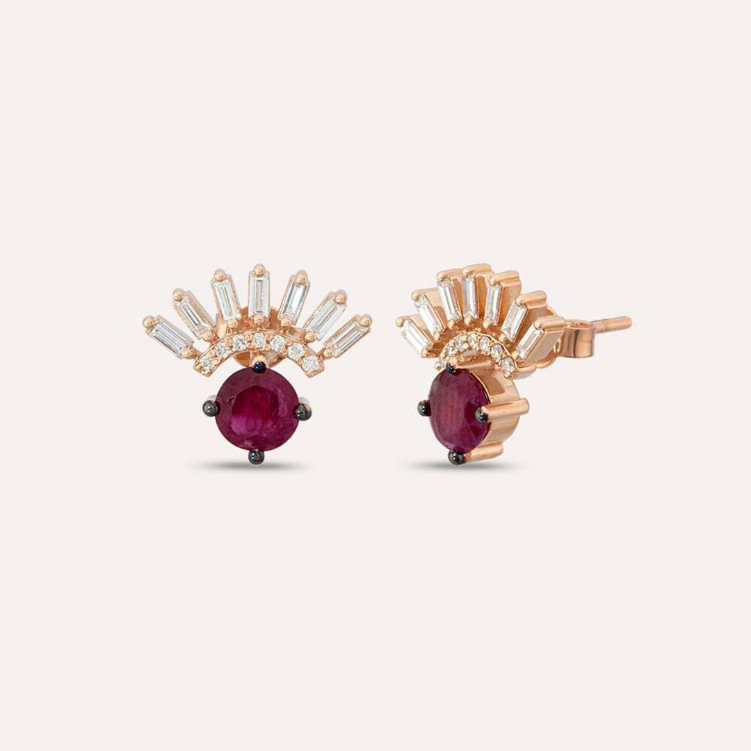 Enif Yakut and Baguette Diamond Stone Rose Gold Earrings - Etsy