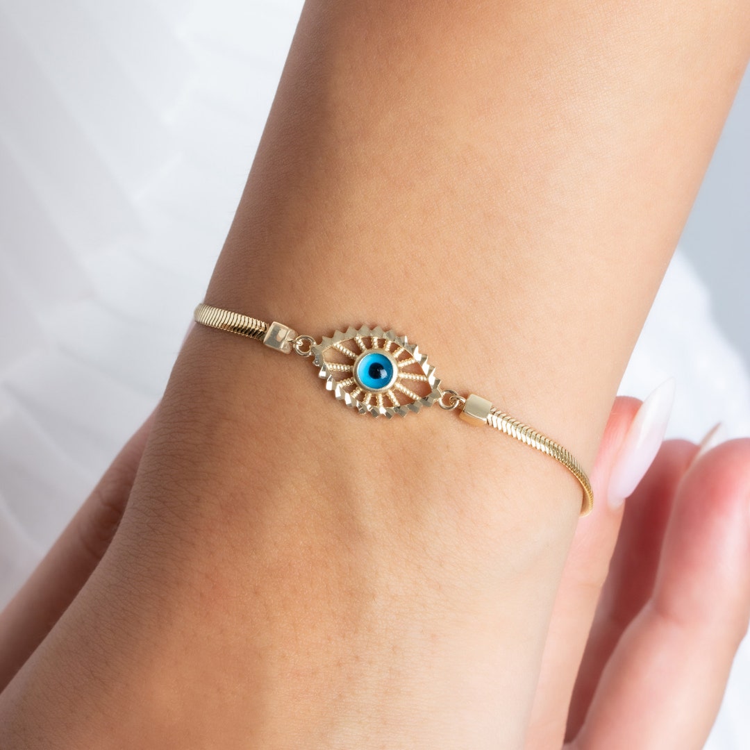 Evil Eye Gold Bracelet - Gold Chain - 14K Gold - Minimalist Bracelet -gift for Her - Birthday ...