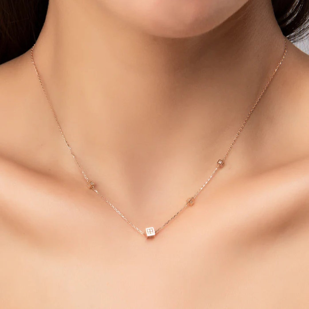 Row Stone Cube Gold Necklace - Cube Gold Necklace - Minimalist Cube ...
