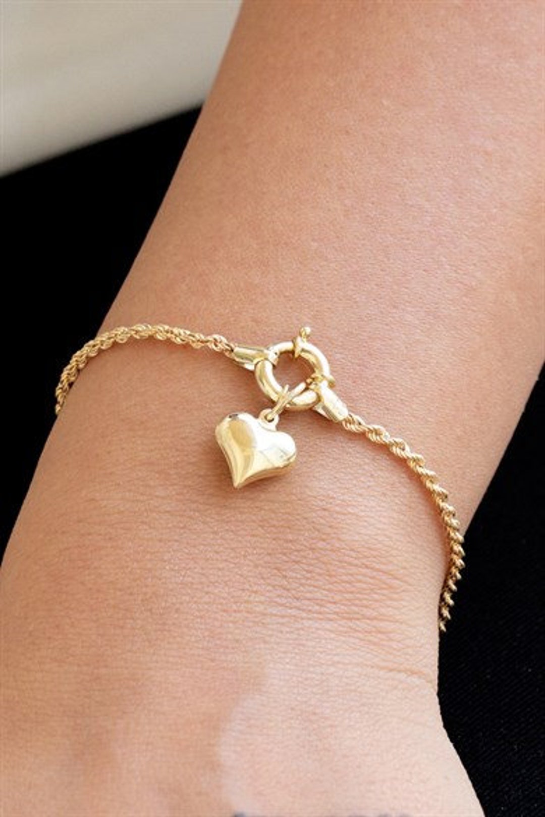 Dangle Heart Gold Bracelet - 14K Gold Chain Bracelet - Dainty Bracelet ...